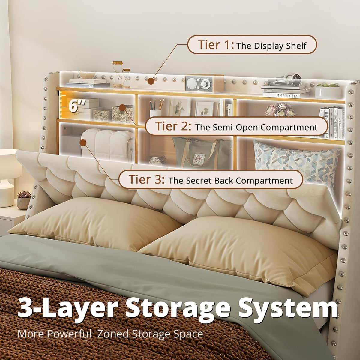 TATAGO 1000LBs Full Bed Frame with 3-Tier Hidden Storage, Upholstered ...