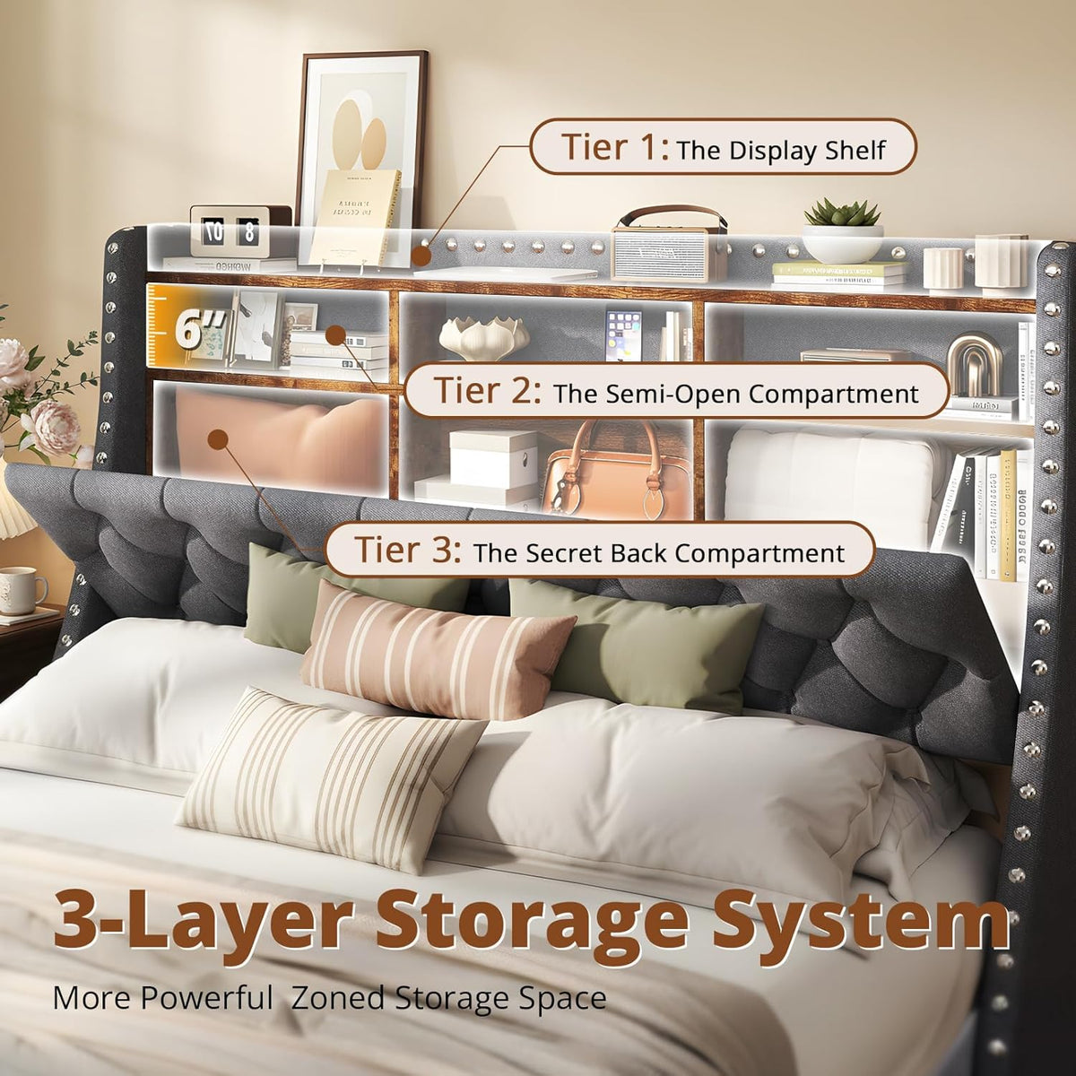 TATAGO 1000LBs Queen Bed Frame with 3-Tier Hidden Storage, Upholstered ...