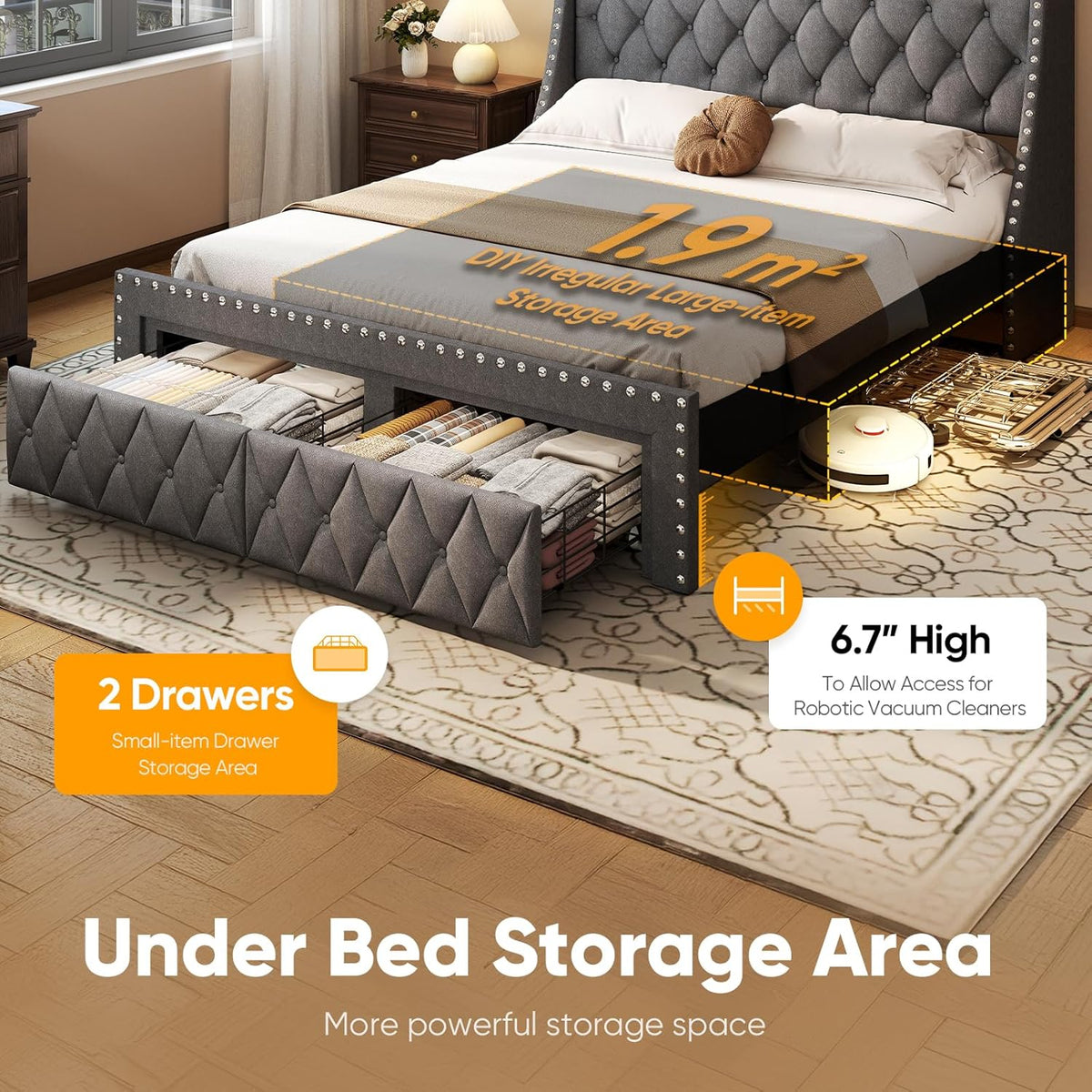 TATAGO 1000LBs Full Bed Frame with 3-Tier Hidden Storage, Upholstered ...