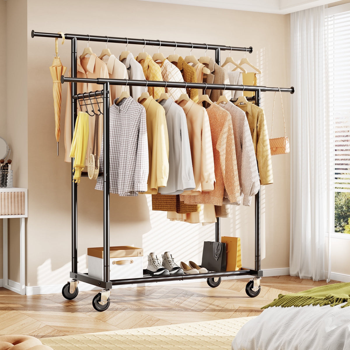 HOKEEPER Heavy Duty Double Rails Clothes Rack with Shelves, 450lbs Cap ...